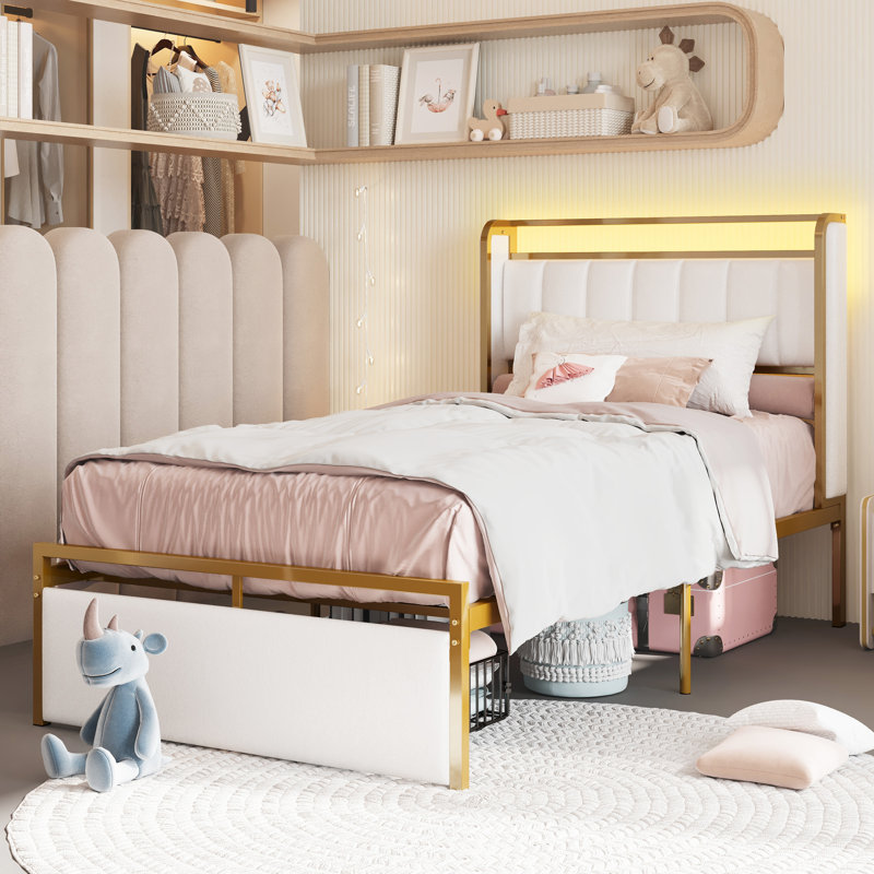Omartin 45.4 Bed Frame Twin Size with Armrests Headboard RGB Light Upholstered Twin Size Bed Platform with Drawers Twin Pink